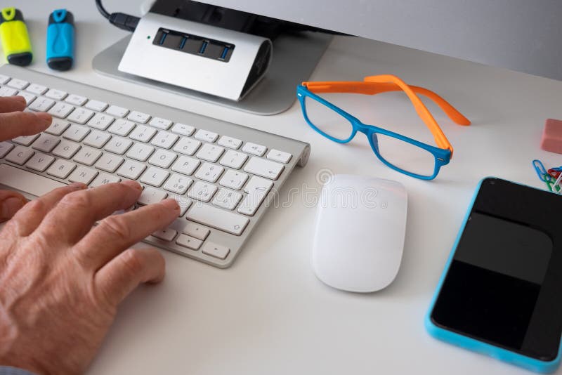 Male Hands Work on the Computer Keyboard - White Desk Stock Image ...