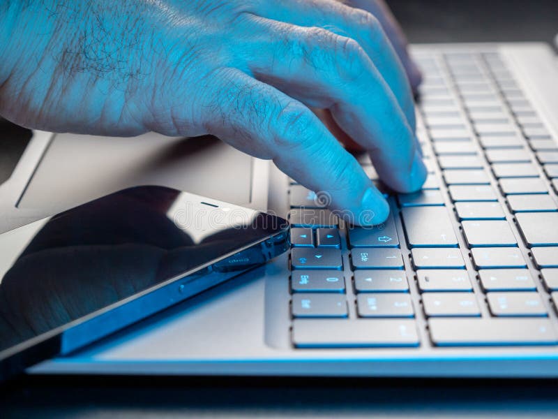 Male Hands Work on a Laptop Computer. Stock Image - Image of connection ...