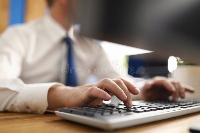 Male Hands Working with Computer Keyboard at Office Workplace Stock ...