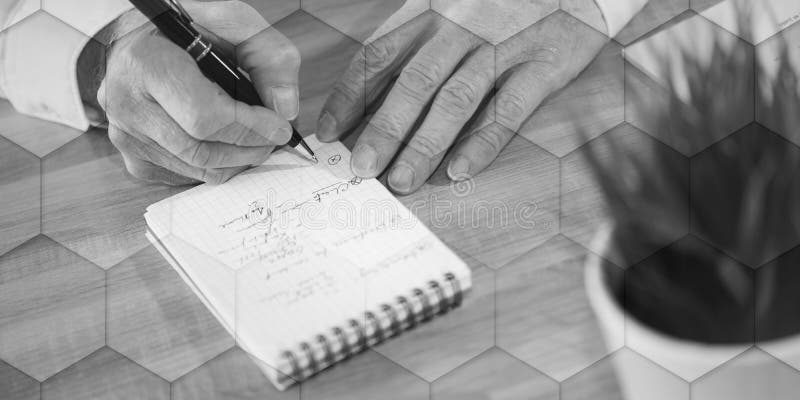 Male Hands Writing on Notepad, Geometric Pattern Stock Illustration ...