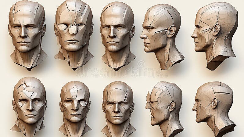 Male Head Sculpts, Anatomy Study, Various Angles, White Background, Art ...