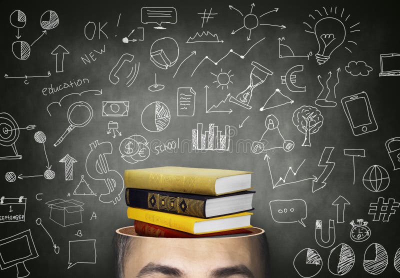 Male Head with Stack of Books Stock Illustration - Illustration of male ...