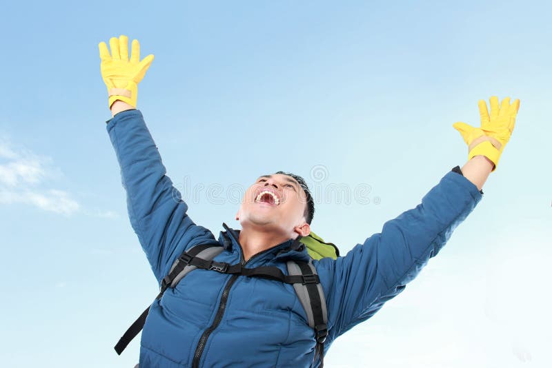 Male Hiker with Backpack Raised His Arm Stock Image - Image of explorer ...