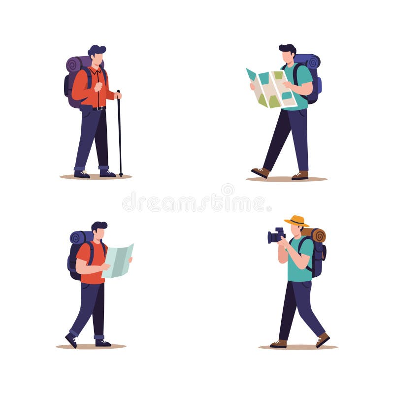 Male Hikers with Backpacks Exploring Nature Using Maps and Camera in ...