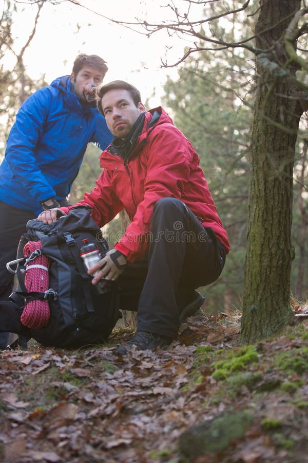 Side View of Male Hiker Sitting on Edge of Cliff in Forest Stock Image ...