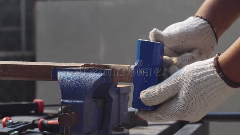 Male Hobby Retirement. Senior Man is Using Bench Vise on Wood for ...