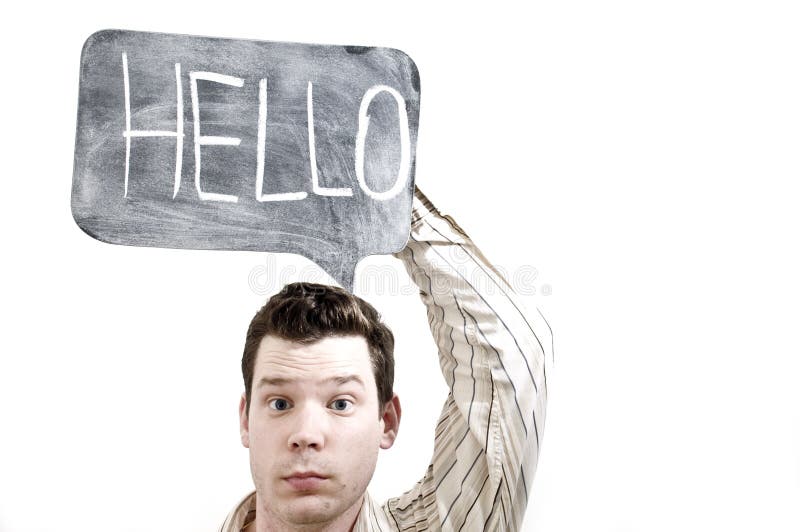 Male Holding Hello Sign stock photo. Image of isolated - 15247240