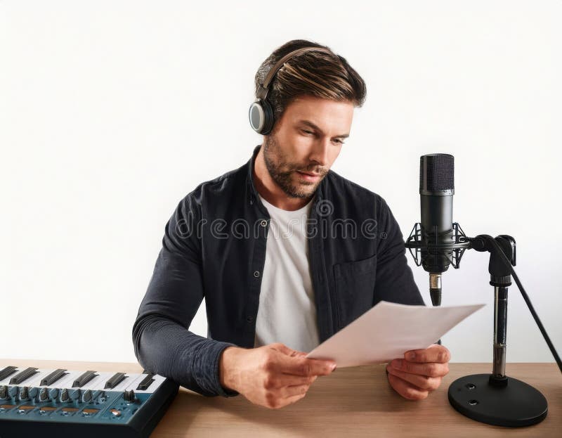 A Focused Male Voice Over Artist Holding a Script, Adjusting Mic ...