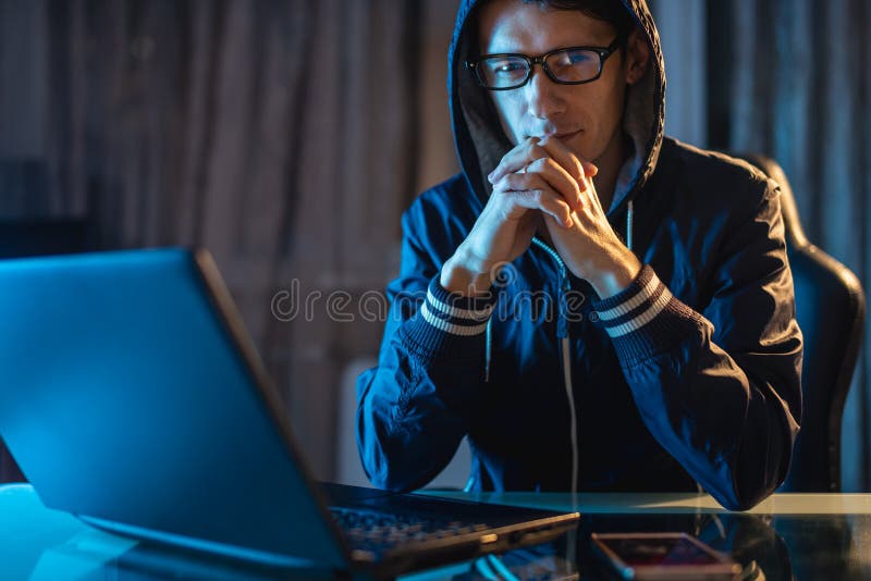 Man Looking In The Camera Hacker Attacks And Stealing Access Databases With Passwords Cyber 3536