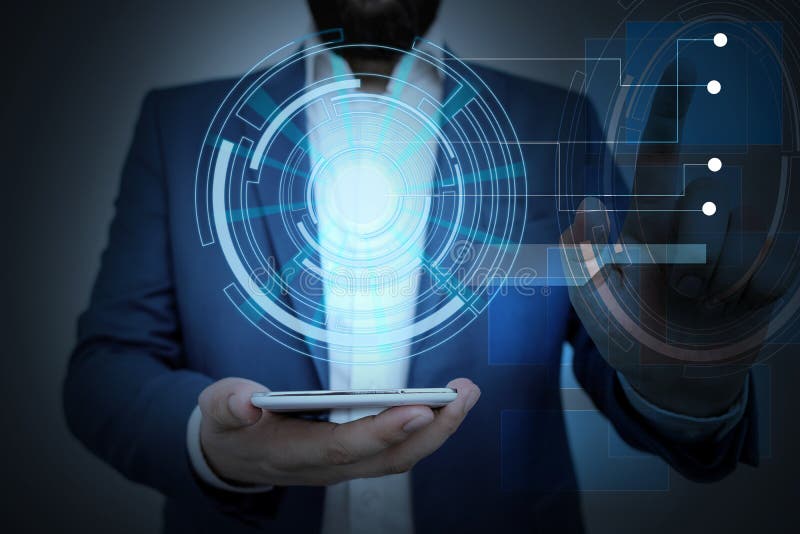 Male Human Presenting a Presentation Using the Latest Sophisticated ...