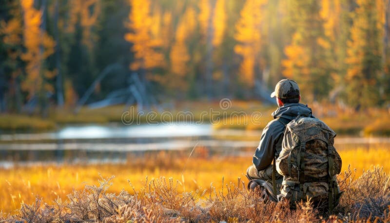 A Male Hunter with a Backpack Observes a Lake from a Field in a Natural ...