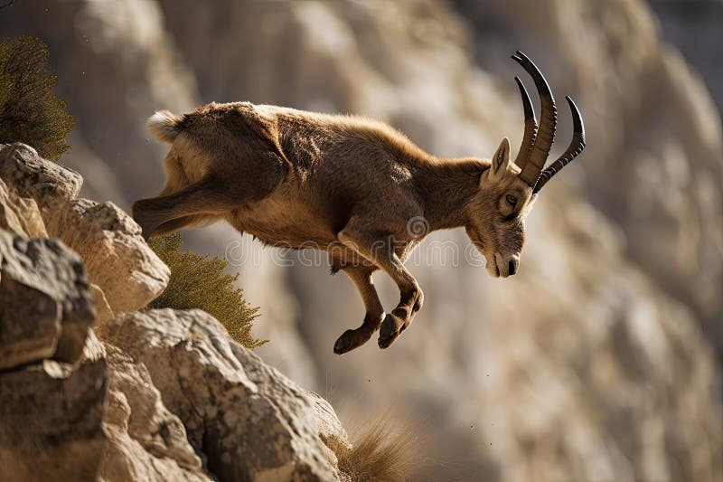 Male Ibex Leaping from Cliff, Its Powerful Legs Propelling it into the ...