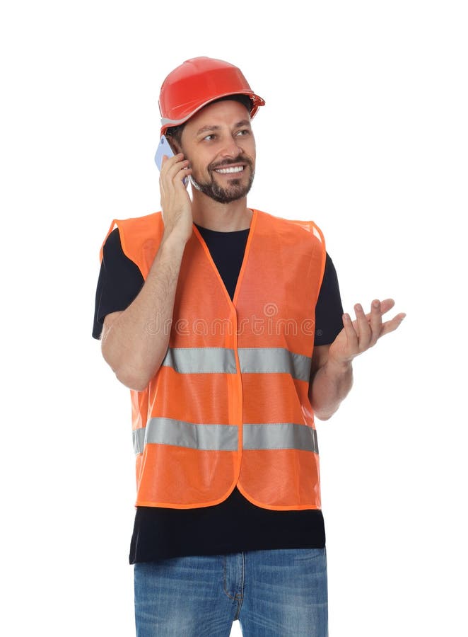 Male Industrial Engineer in Uniform Talking on Phone Against White ...
