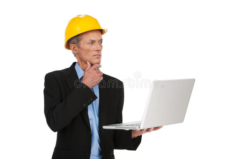Male Inspector in Helmet Working on Computer. Stock Image - Image of ...