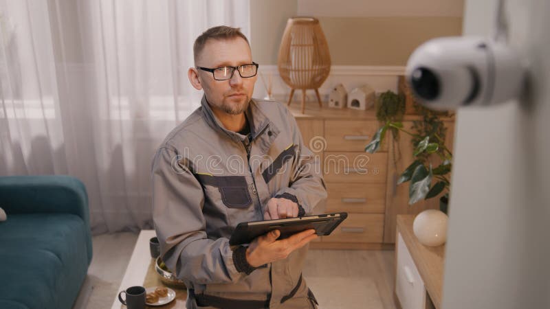 Installer Sets Up Security Camera Using Tablet Stock Photo - Image of ...