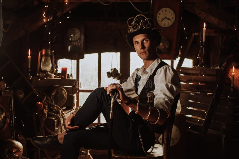 Male Inventor in a Steampunk Suit in a Top Hat with Glasses Stock Photo ...