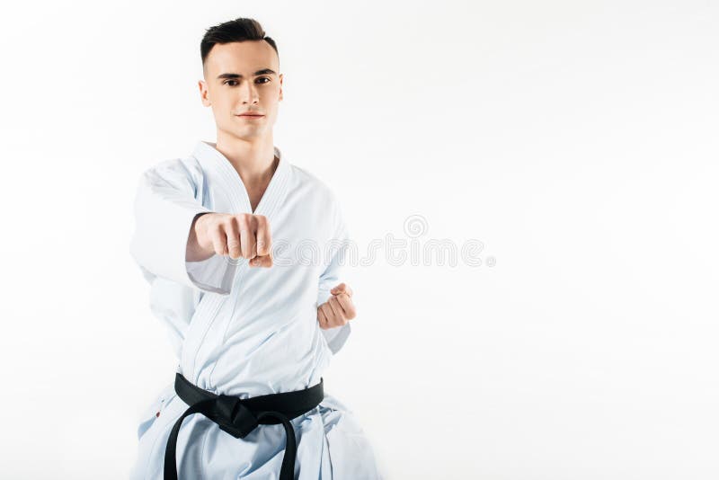 Male Karate Fighter Performing Hit and Looking at Camera Stock Photo ...
