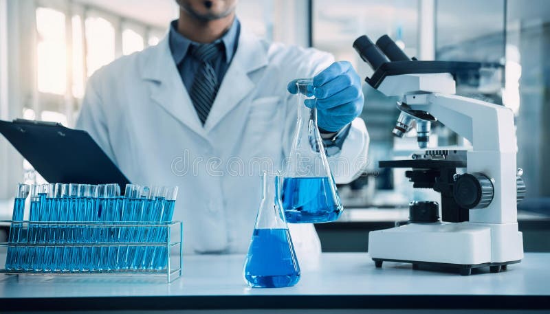 Male Laboratory Technician Holding a Flask with a Microscope Stock ...