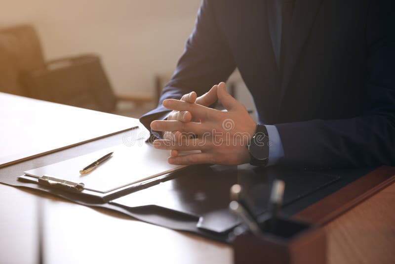 Male Lawyer at Table in Office Stock Image - Image of employment, hands ...