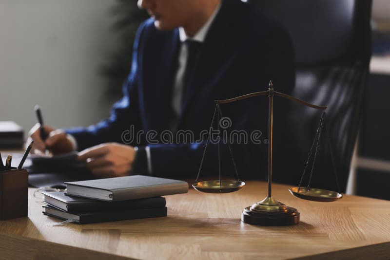 Scales of justice on tabl stock image. Image of jury - 121162467