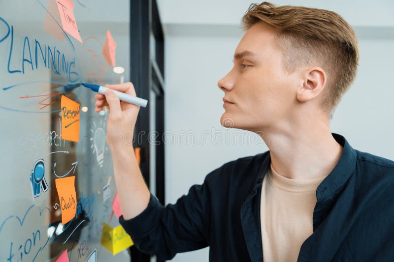 Male Leader Write and Share Idea by Using Mind Map and Sticky Notes ...