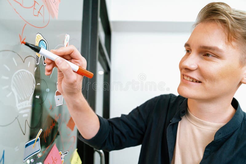 Male Leader Write and Share Idea by Using Mind Map and Sticky Notes ...