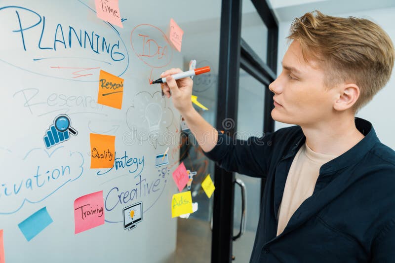 Male Leader Write and Share Idea by Using Mind Map and Sticky Notes ...