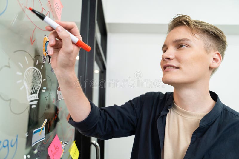 Male Leader Write and Share Idea by Using Mind Map and Sticky Notes ...