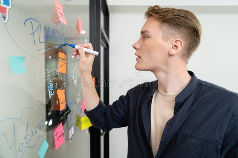 Male Leader Write and Share Idea by Using Mind Map and Sticky Notes ...