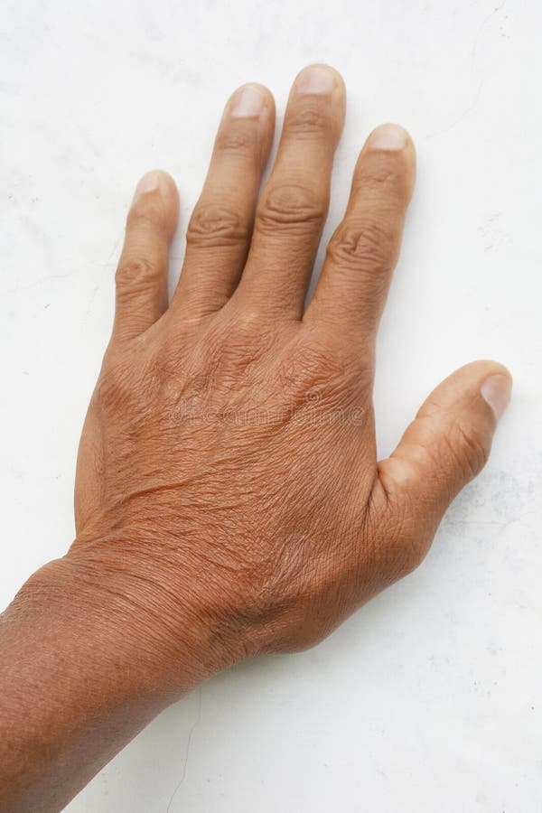 Male Left Hand Flat on White Table, Representing Stop, Rest, Pause, or ...
