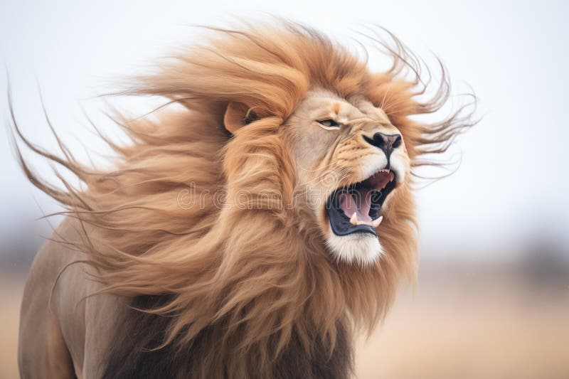 Male Lion with Mane Blown by Wind Stock Photo - Image of feline, nature ...