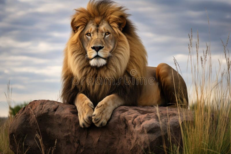 A Male Lion Sitting on a Stone Throne in the Savannah Stock Image ...