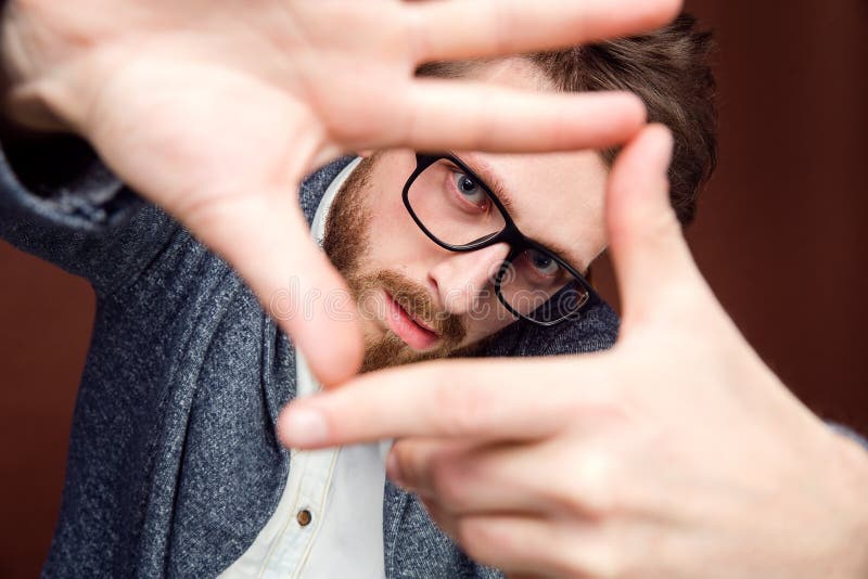 Male Making Camera from Hands Stock Image - Image of style, studio ...