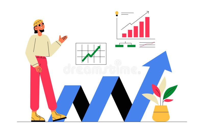 Male Marketer Analyzing Business Growth Graph in Flat Vector ...