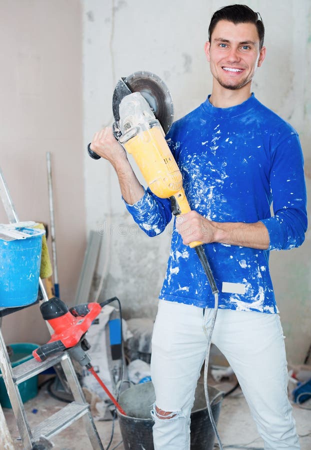 Male in Mask Working with Angle Drive Grinder Stock Photo - Image of ...