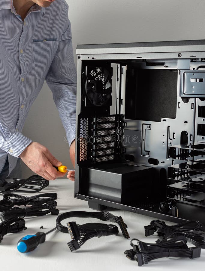 Male Master Assembles a New System Unit Stock Photo - Image of computer ...