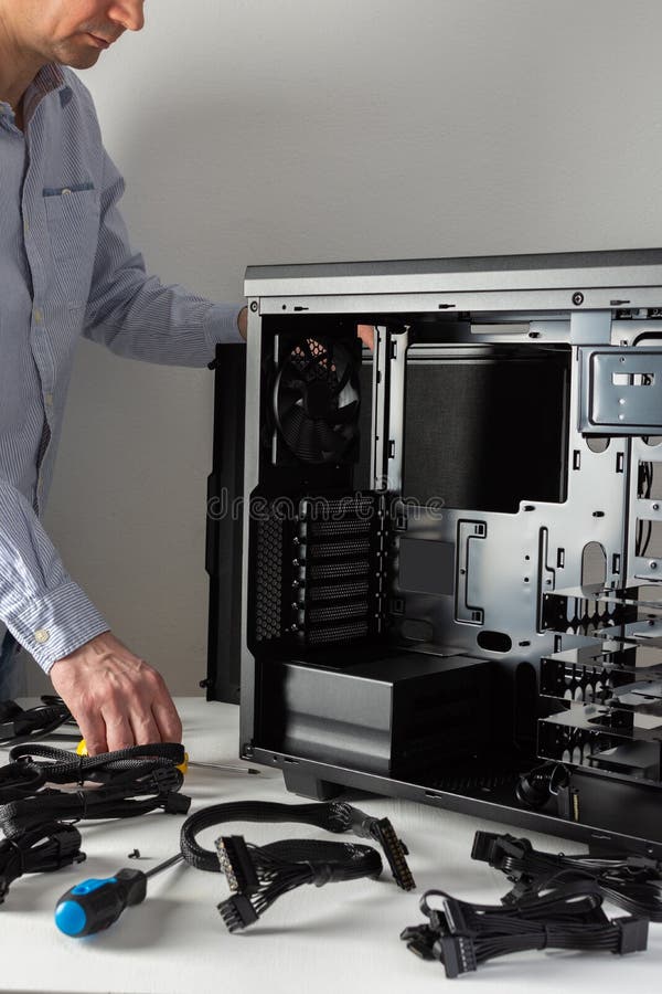 Male Master Assembles a New System Unit Stock Photo - Image of desktop ...