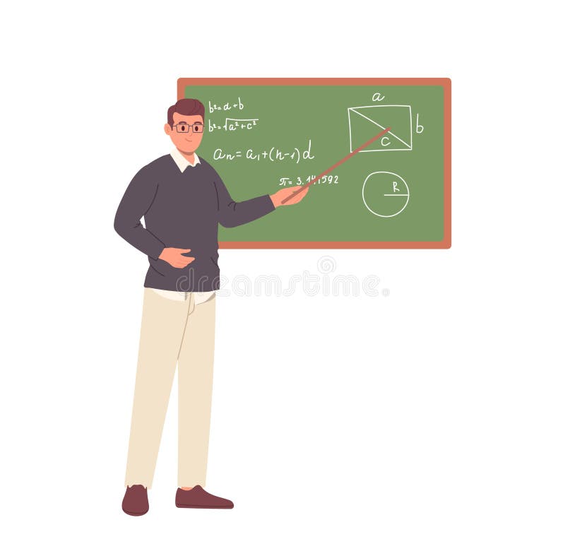 Male Math Teacher Character Standing at Blackboard Holding Pointer and ...