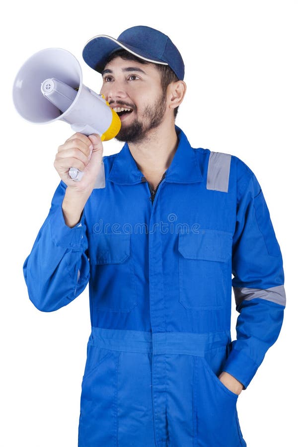 Male Mechanic with Megaphone in Studio Stock Image - Image of male ...
