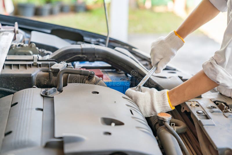 Male Mechanic Using Wrench Tighten Nut Fixed Engine Stock Image - Image ...