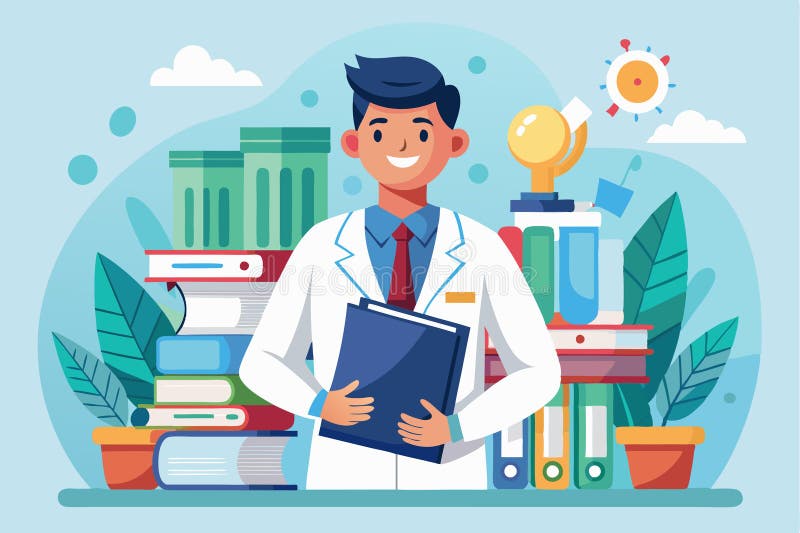 A Male Medical Student Stands Confidently with Books, Surrounded by ...