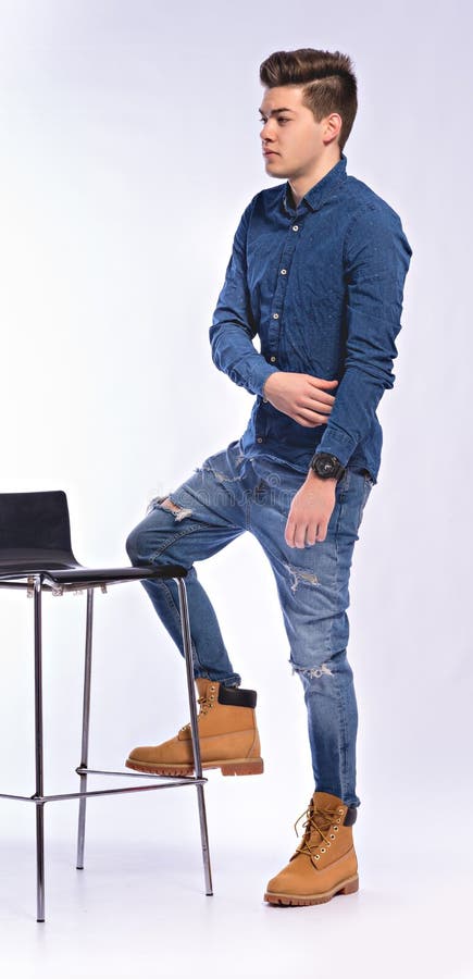 Male Model in Denim Jeans and Boots. Stock Image - Image of legs, blue ...
