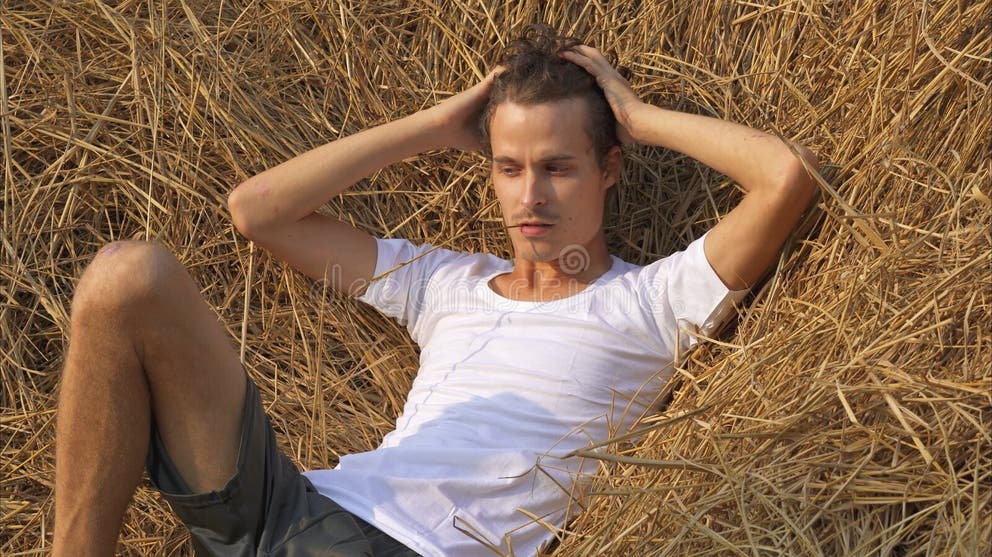 Male Model Posing in a Haystack Stock Photo - Image of model, wheat ...
