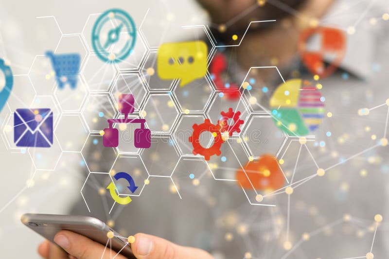 Male with a Modern Smartphone Scrolling through App Icons on the Device ...