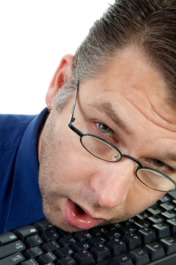 Male Nerdy Geek Fall Asleep on Keyboard Stock Photo - Image of portrait ...