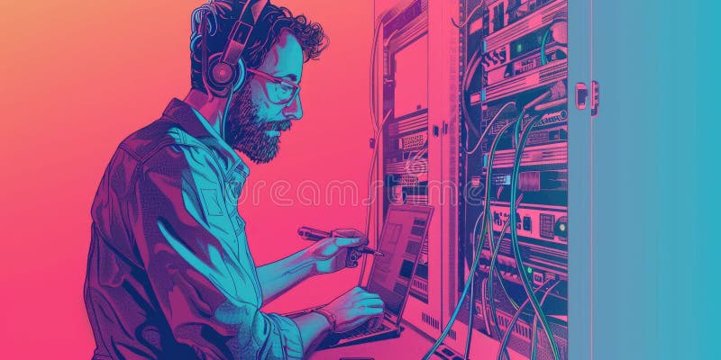 A Male Network Engineer Wearing Headphones is Working on a Server Rack ...