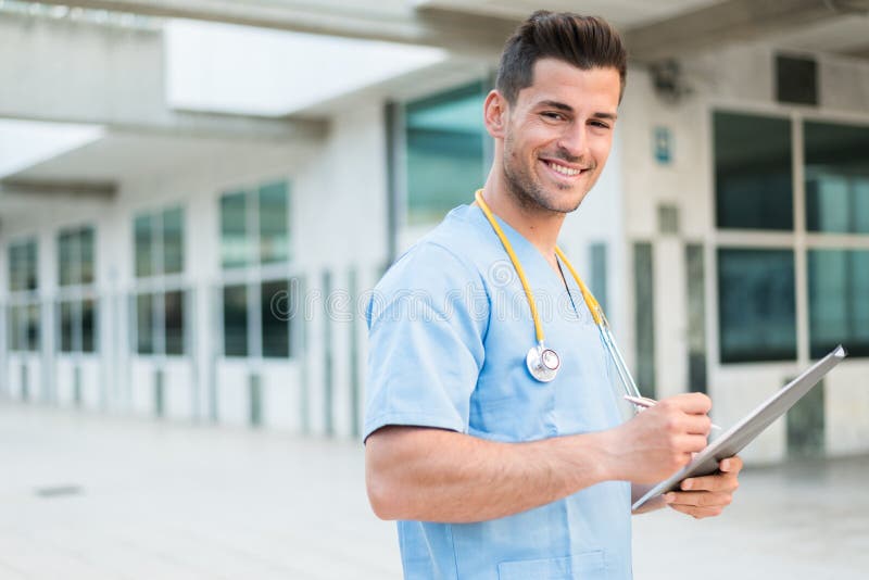 Male Nurse with Stethoscope Stock Image - Image of stethoscope, scrubs ...