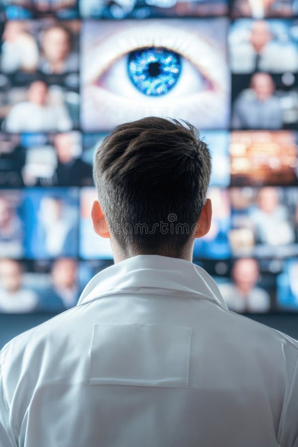 Male Observer Analyzing Digital Screens with Eye Symbol Focused on ...