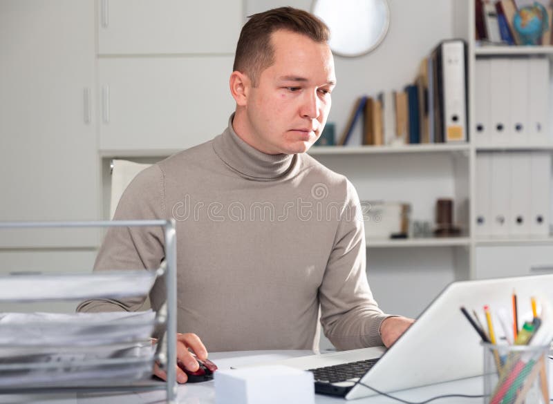 Male Office Manager Using Laptop Computer Stock Image - Image of ...