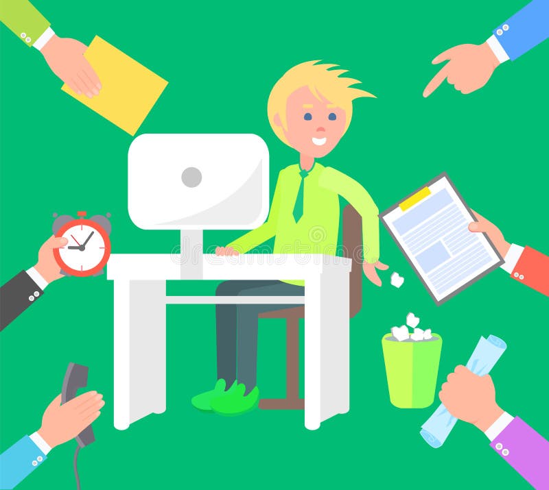 Male Office Worker at Computer Takes Work Orders Stock Vector ...